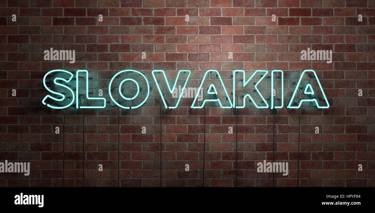 SLOVAKIA - fluorescent Neon tube Sign on brickwork - Front view - 3D ...