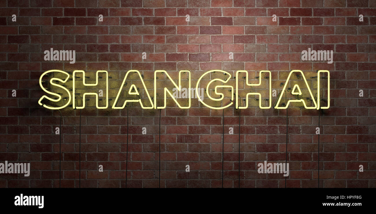 SHANGHAI - fluorescent Neon tube Sign on brickwork - Front view - 3D ...