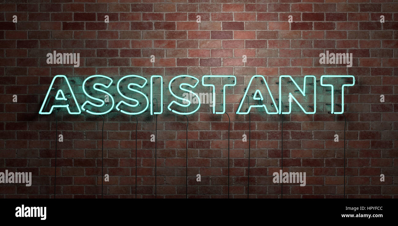 ASSISTANT - fluorescent Neon tube Sign on brickwork - Front view - 3D ...