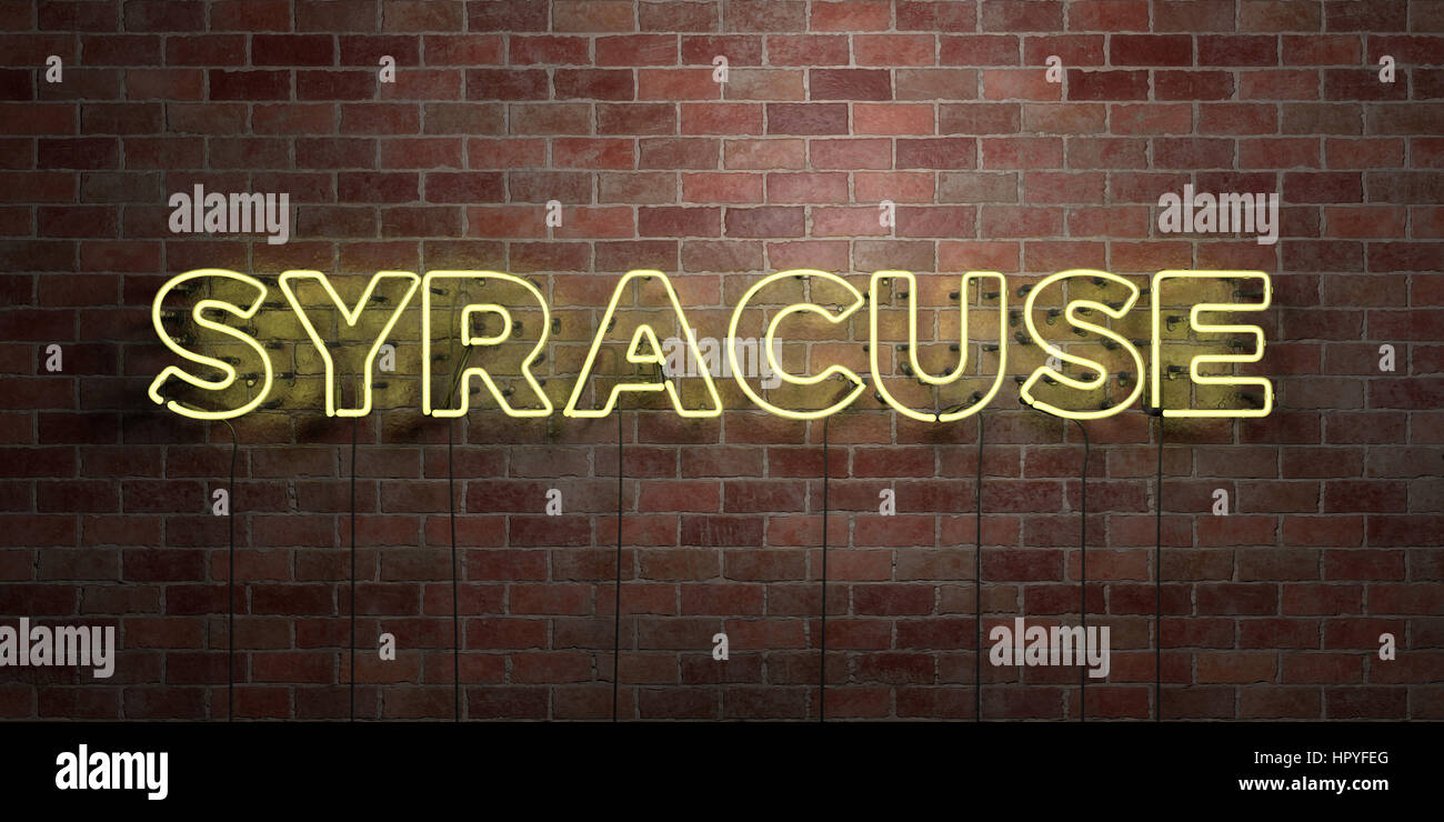 SYRACUSE - fluorescent Neon tube Sign on brickwork - Front view - 3D ...