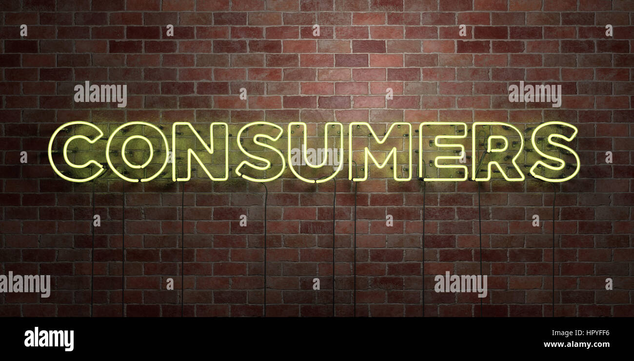 CONSUMERS - fluorescent Neon tube Sign on brickwork - Front view - 3D ...