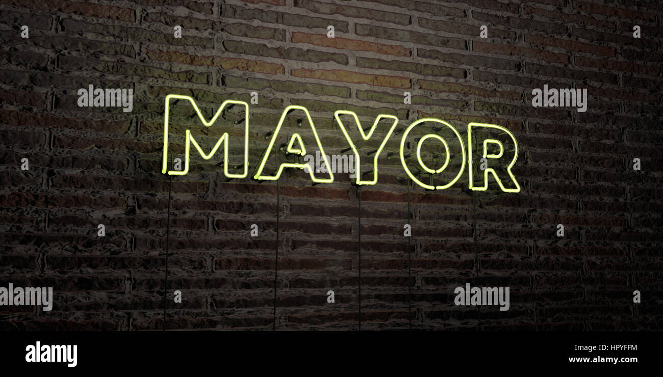 MAYOR -Realistic Neon Sign on Brick Wall background - 3D rendered ...