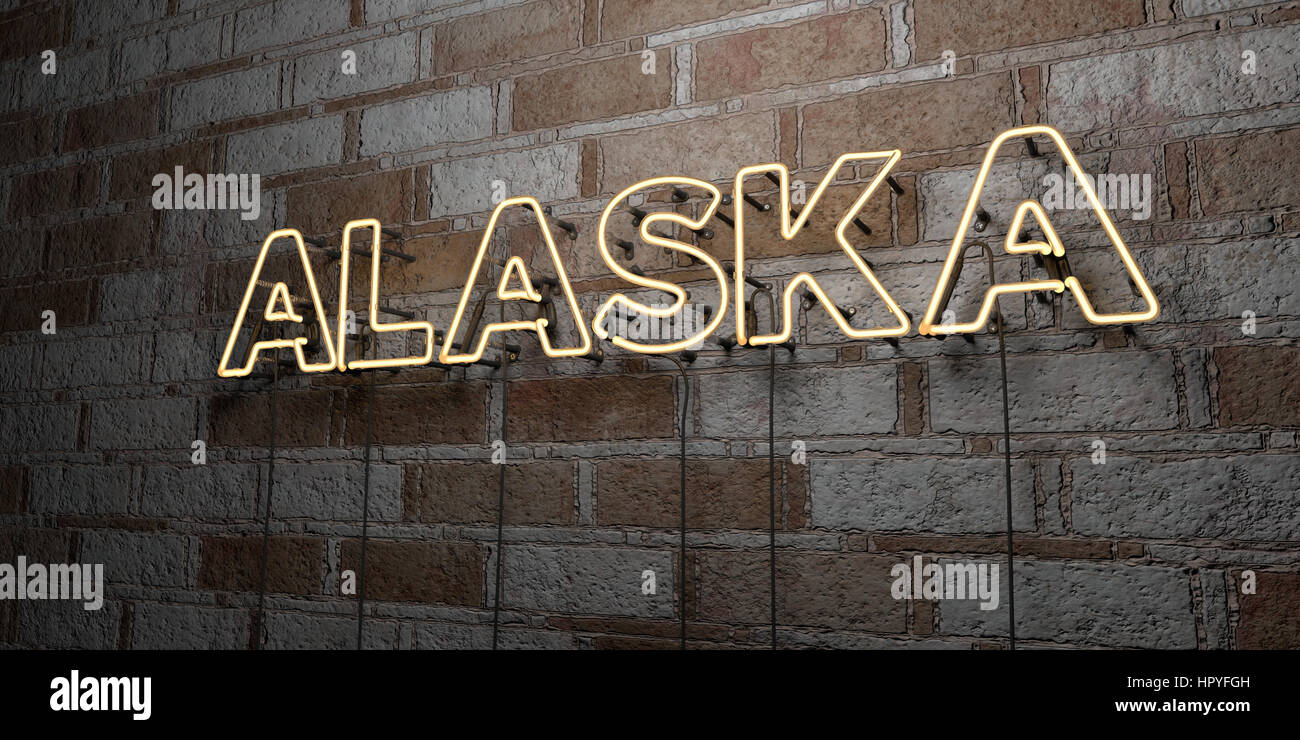 ALASKA - Glowing Neon Sign on stonework wall - 3D rendered royalty free ...