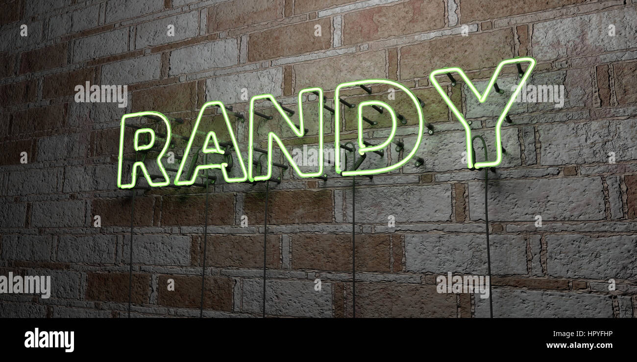 RANDY - Glowing Neon Sign on stonework wall - 3D rendered royalty free ...