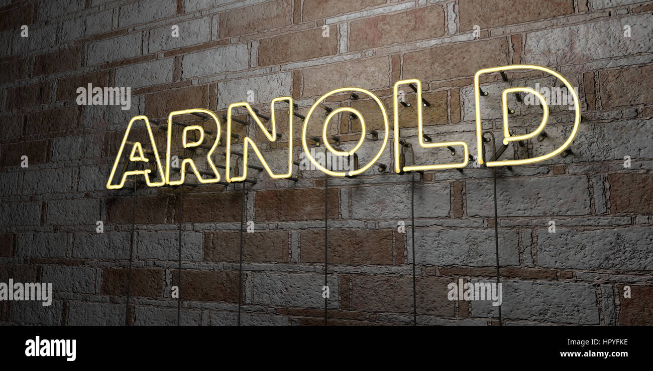 ARNOLD - Glowing Neon Sign on stonework wall - 3D rendered royalty free ...