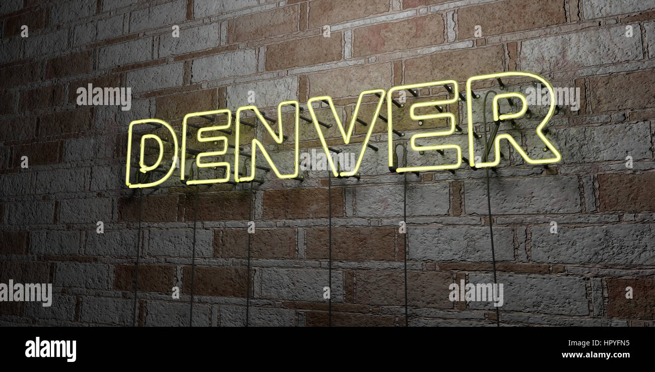 DENVER - Glowing Neon Sign on stonework wall - 3D rendered royalty free ...