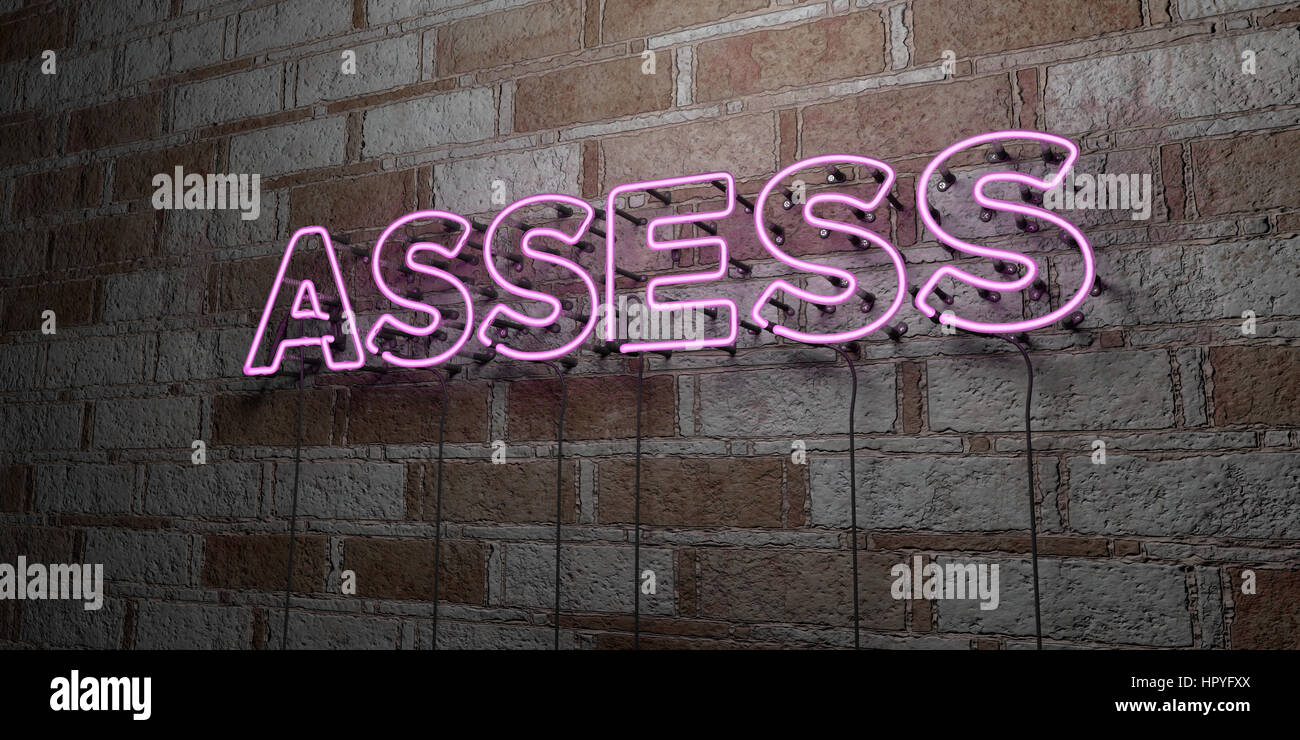 ASSESS - Glowing Neon Sign on stonework wall - 3D rendered royalty free ...