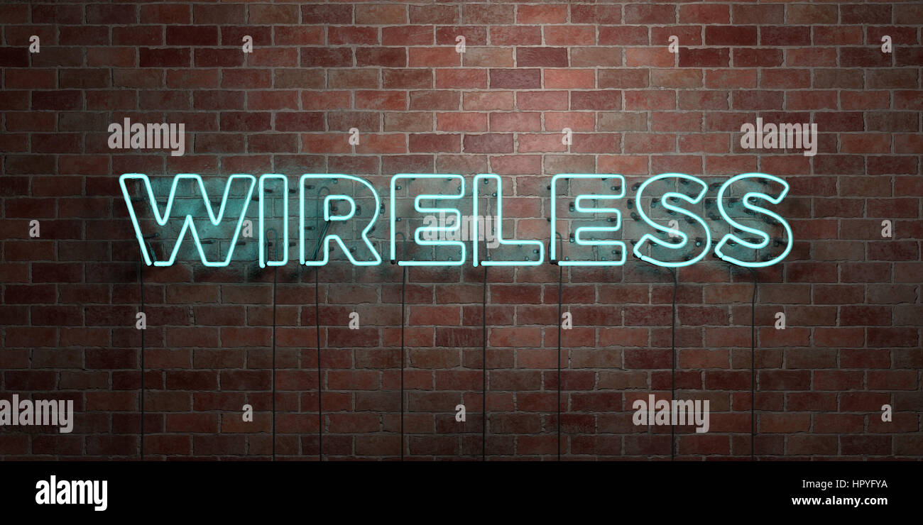WIRELESS - fluorescent Neon tube Sign on brickwork - Front view - 3D ...