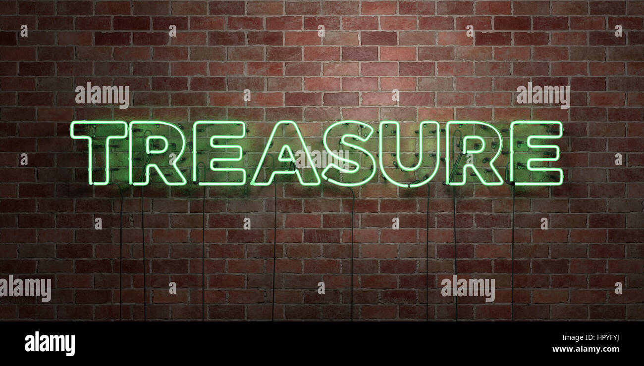 TREASURE - fluorescent Neon tube Sign on brickwork - Front view - 3D ...