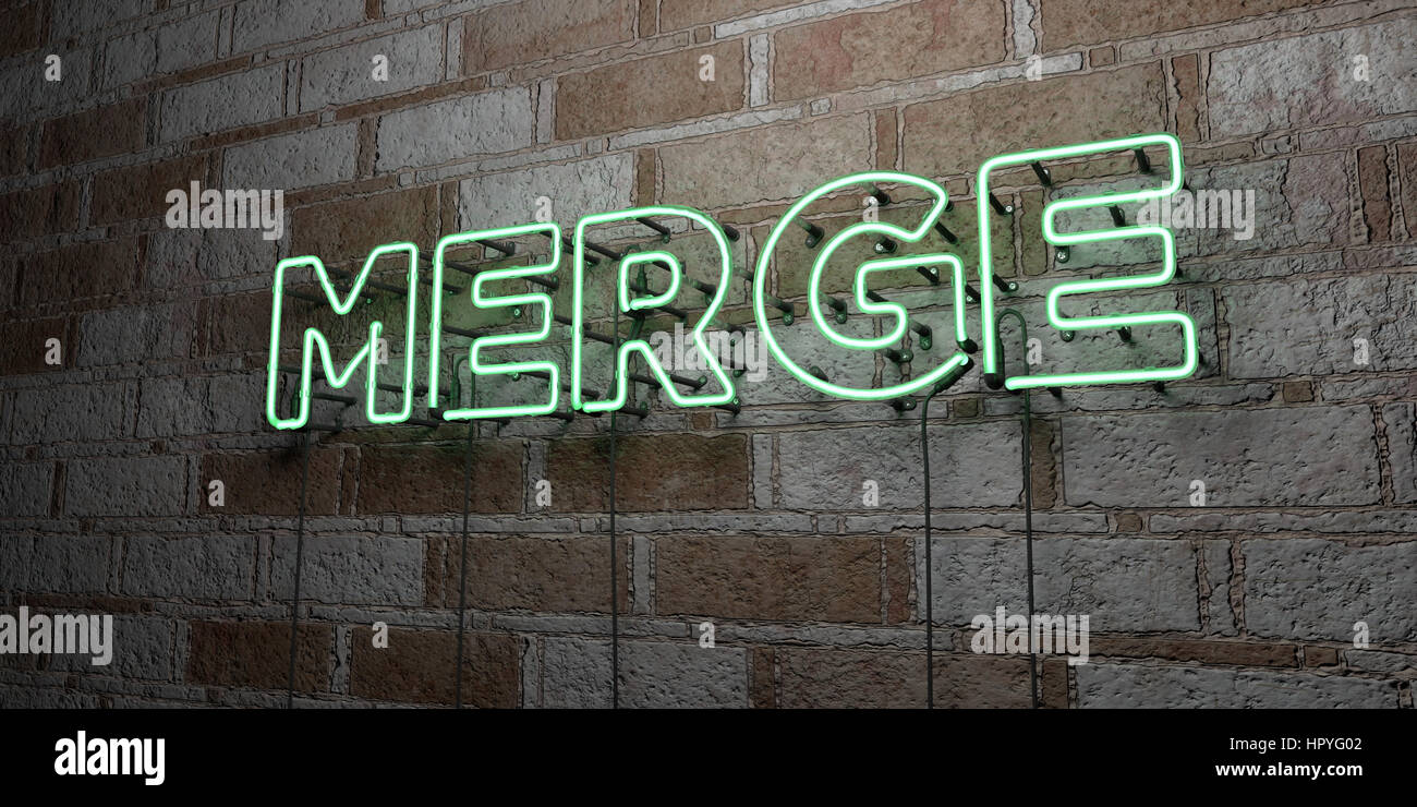 MERGE - Glowing Neon Sign on stonework wall - 3D rendered royalty free ...