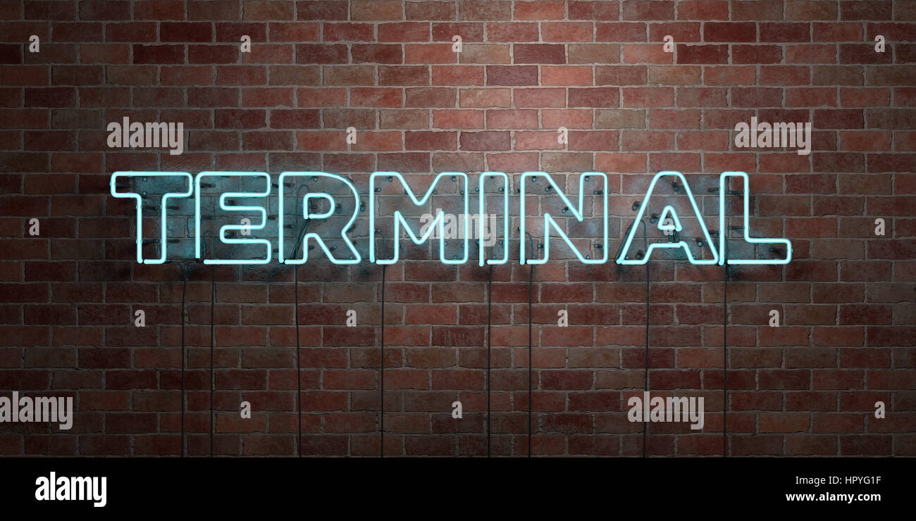 TERMINAL - fluorescent Neon tube Sign on brickwork - Front view - 3D ...