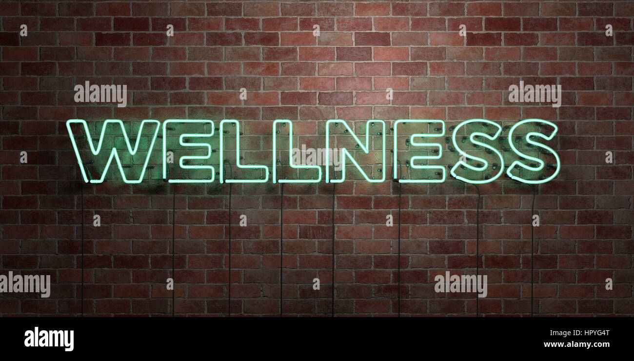 WELLNESS - fluorescent Neon tube Sign on brickwork - Front view - 3D ...