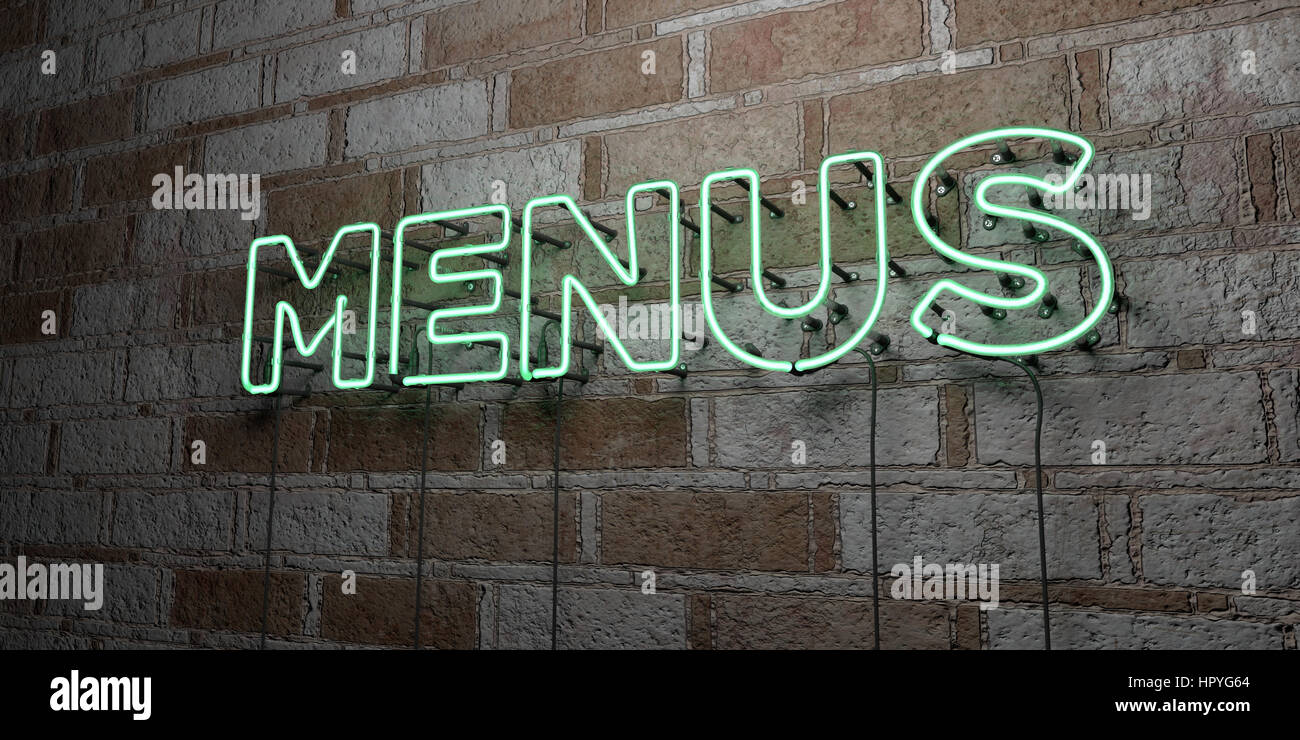 MENUS - Glowing Neon Sign on stonework wall - 3D rendered royalty free ...
