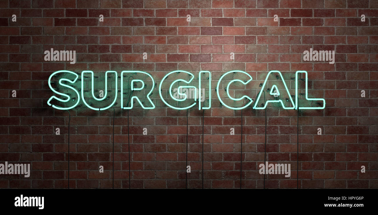 SURGICAL - fluorescent Neon tube Sign on brickwork - Front view - 3D ...