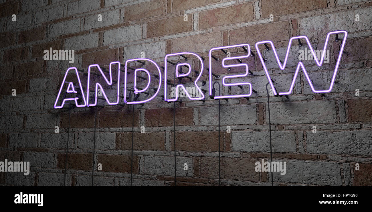 ANDREW - Glowing Neon Sign on stonework wall - 3D rendered royalty free ...