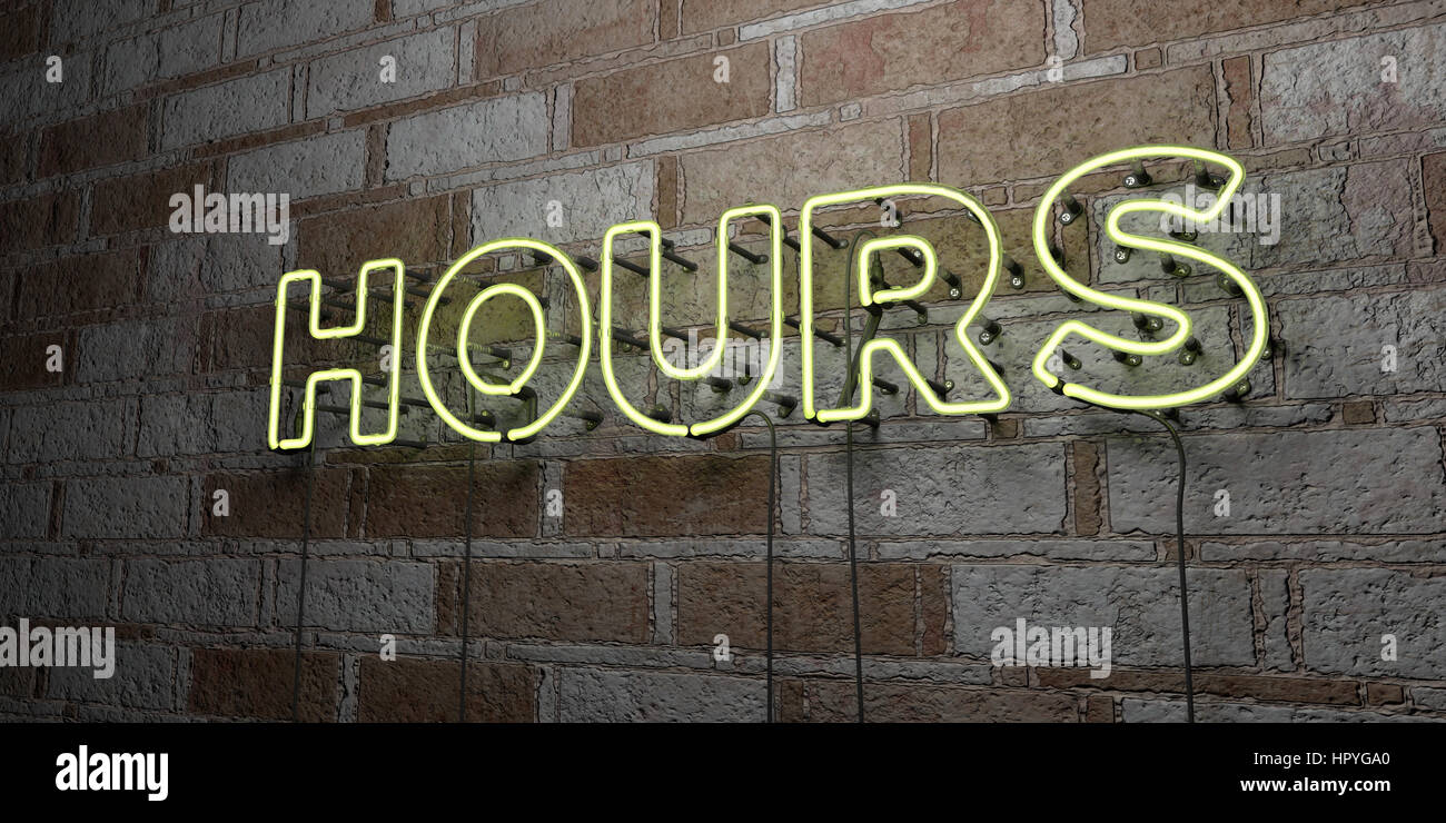 HOURS - Glowing Neon Sign on stonework wall - 3D rendered royalty free ...