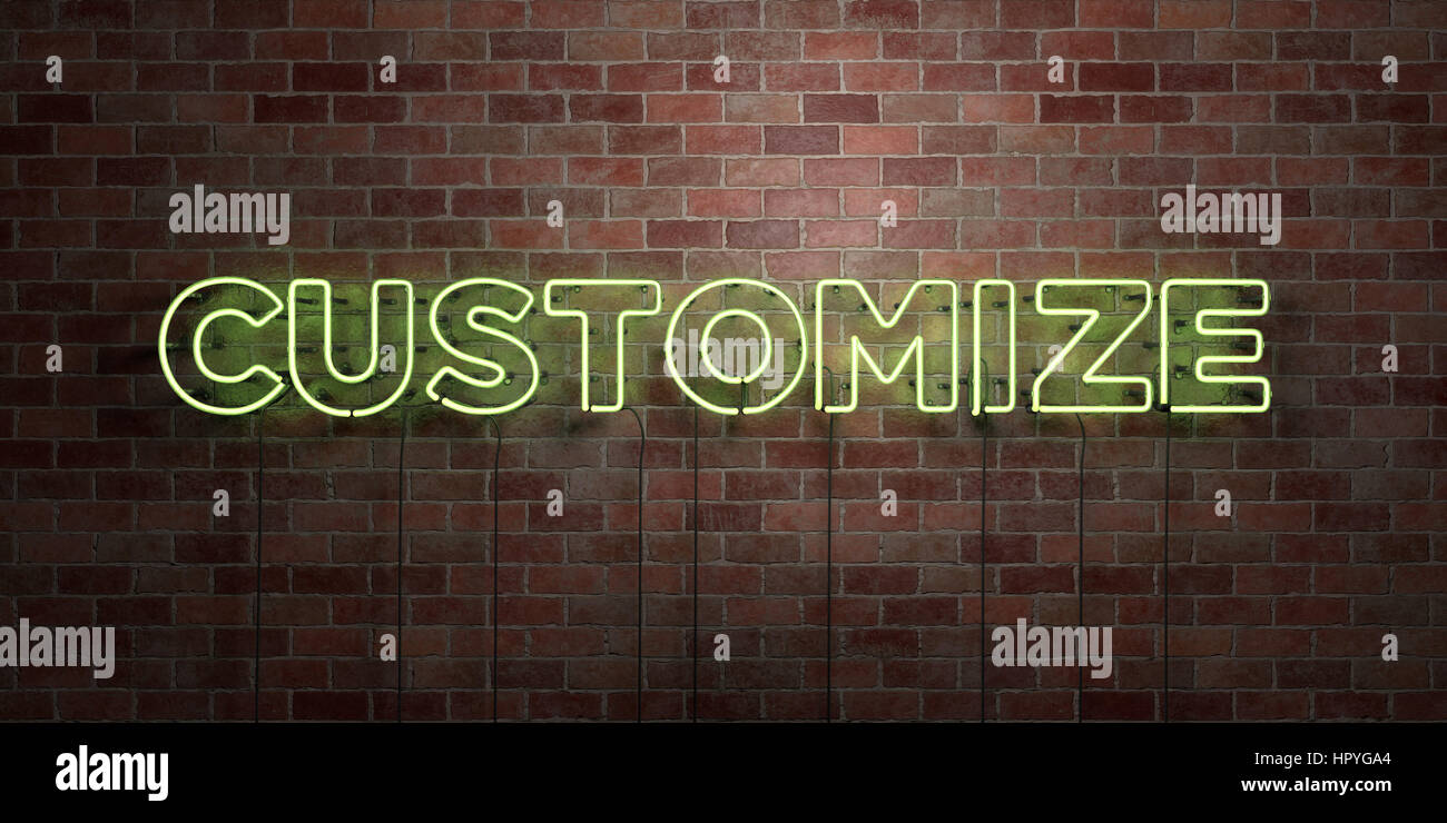 CUSTOMIZE - fluorescent Neon tube Sign on brickwork - Front view - 3D ...
