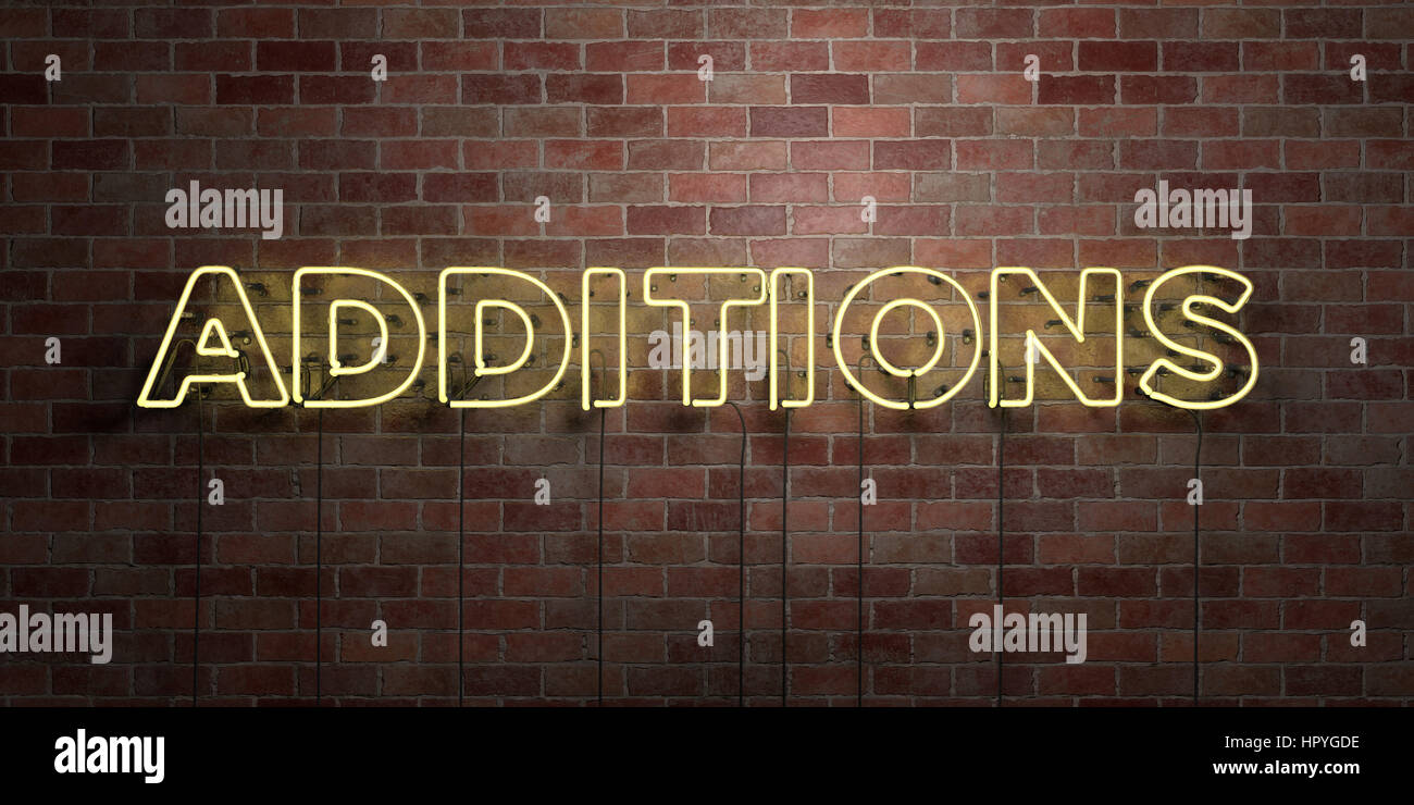 ADDITIONS - fluorescent Neon tube Sign on brickwork - Front view - 3D ...