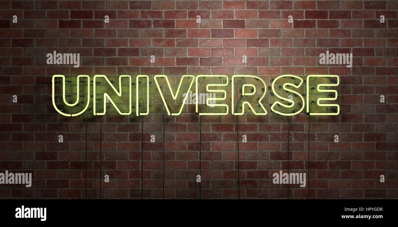 UNIVERSE - fluorescent Neon tube Sign on brickwork - Front view - 3D ...