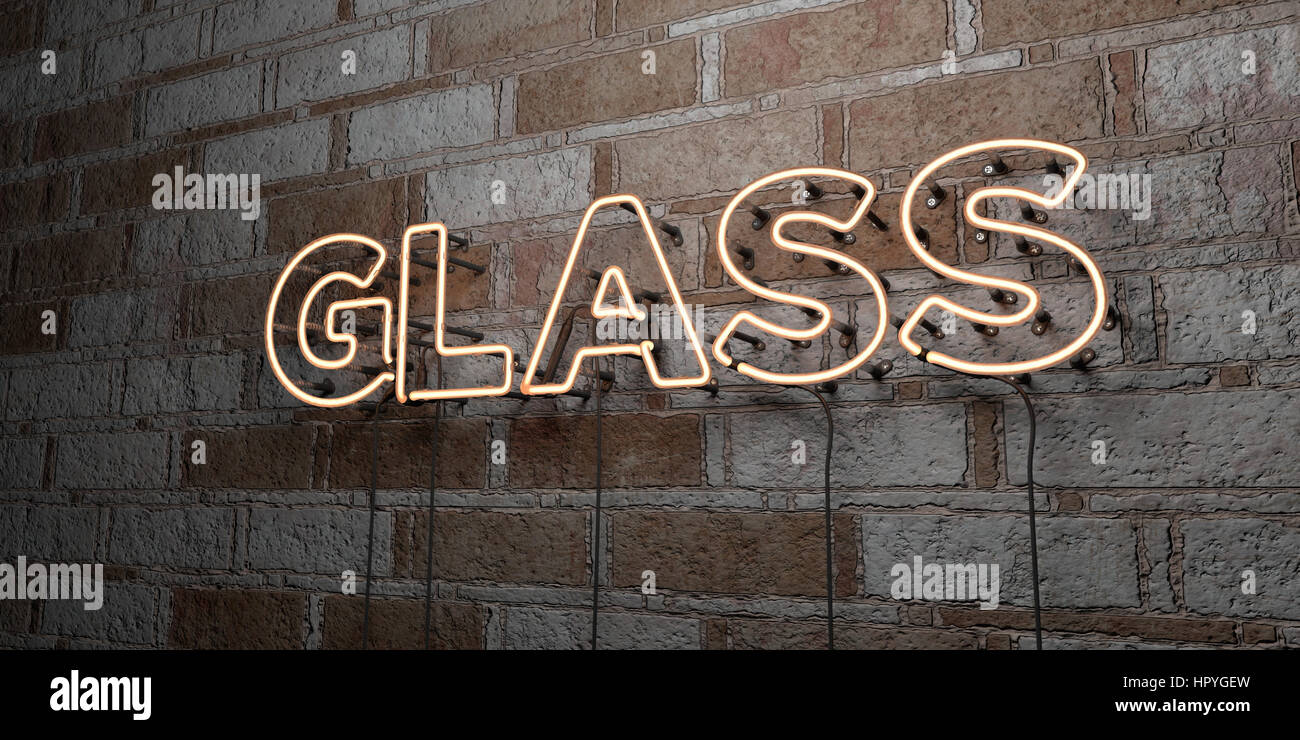 GLASS - Glowing Neon Sign on stonework wall - 3D rendered royalty free ...