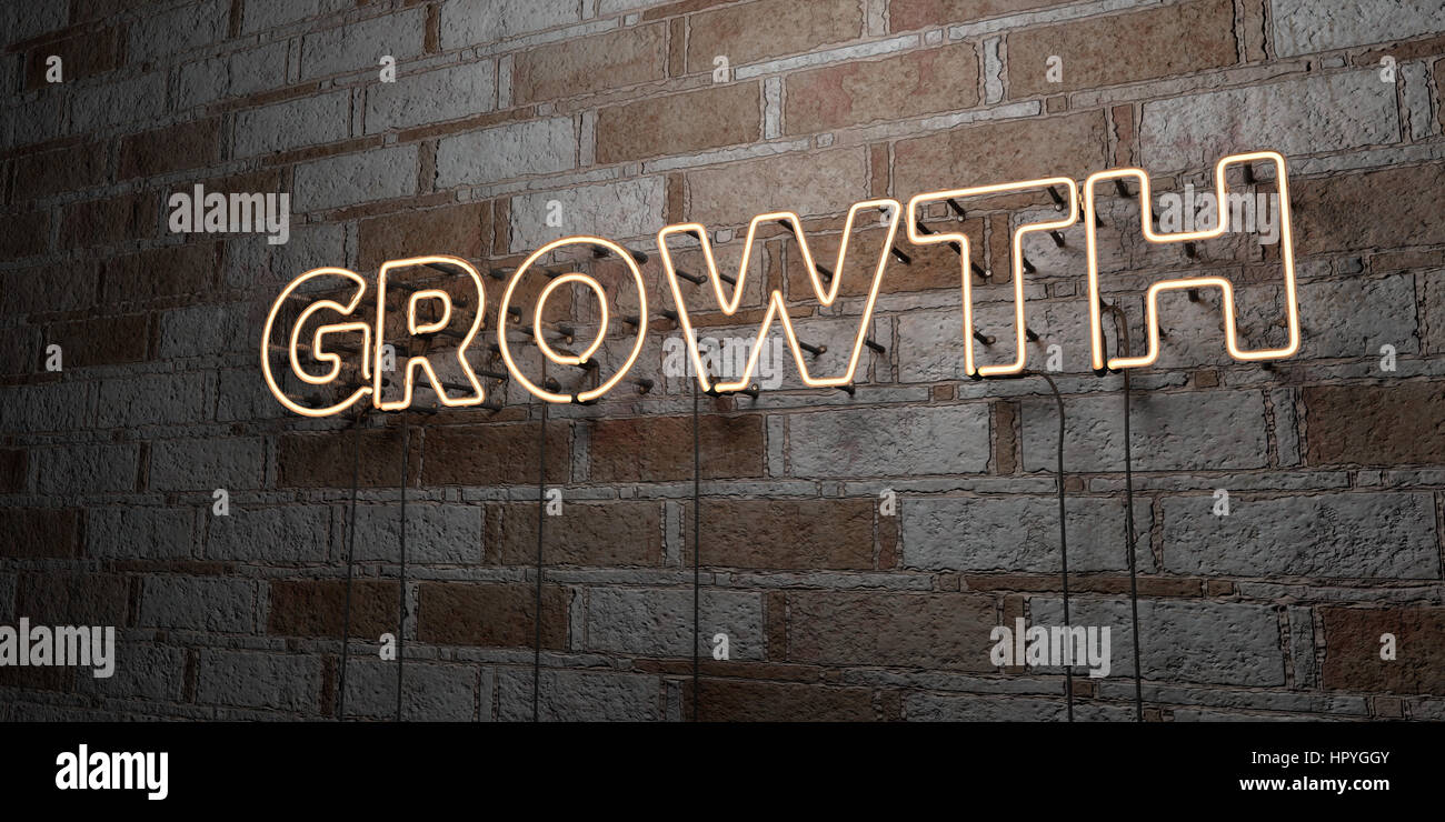 GROWTH - Glowing Neon Sign on stonework wall - 3D rendered royalty free ...