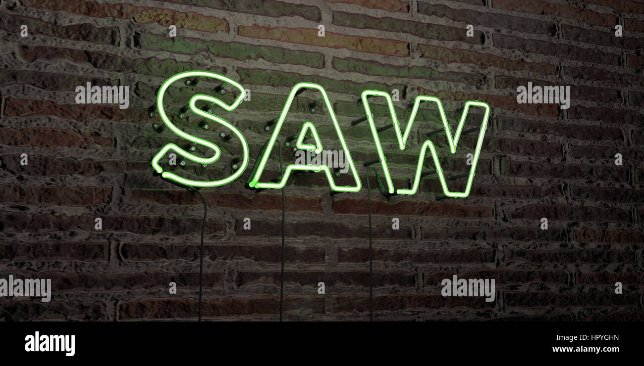 SAW -Realistic Neon Sign on Brick Wall background - 3D rendered royalty ...