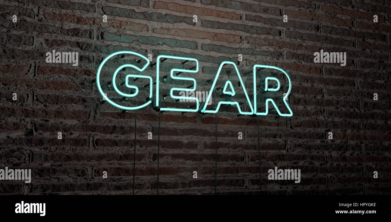 GEAR -Realistic Neon Sign on Brick Wall background - 3D rendered ...
