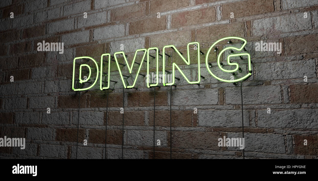 DIVING - Glowing Neon Sign on stonework wall - 3D rendered royalty free ...
