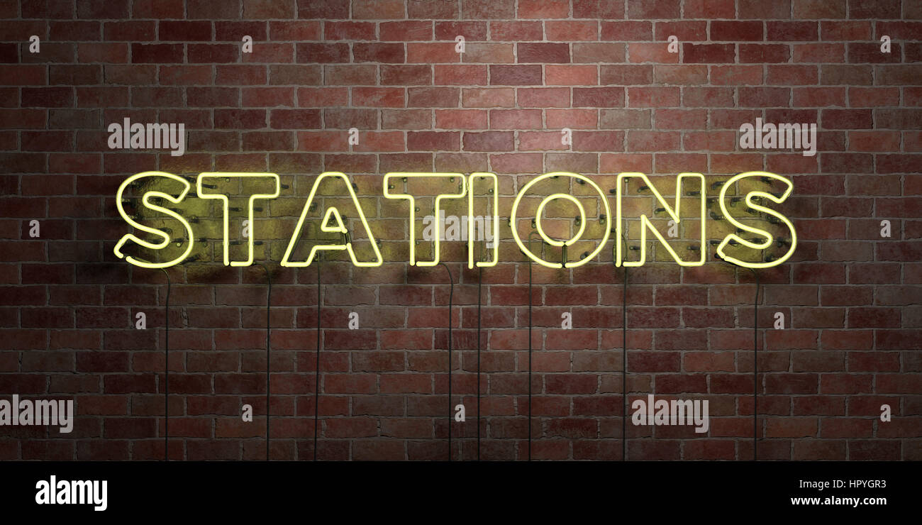 STATIONS - fluorescent Neon tube Sign on brickwork - Front view - 3D ...