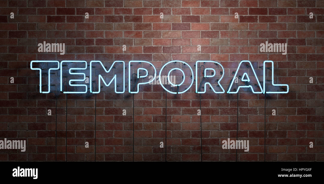 TEMPORAL - fluorescent Neon tube Sign on brickwork - Front view - 3D ...
