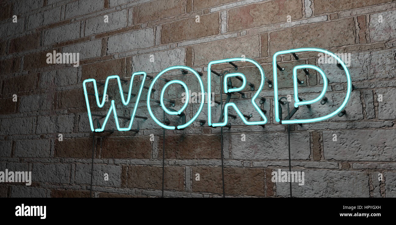 WORD - Glowing Neon Sign on stonework wall - 3D rendered royalty free ...
