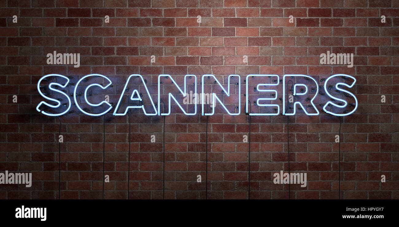 SCANNERS - fluorescent Neon tube Sign on brickwork - Front view - 3D ...