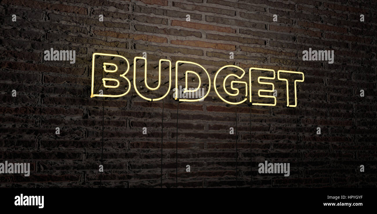 BUDGET -Realistic Neon Sign on Brick Wall background - 3D rendered ...
