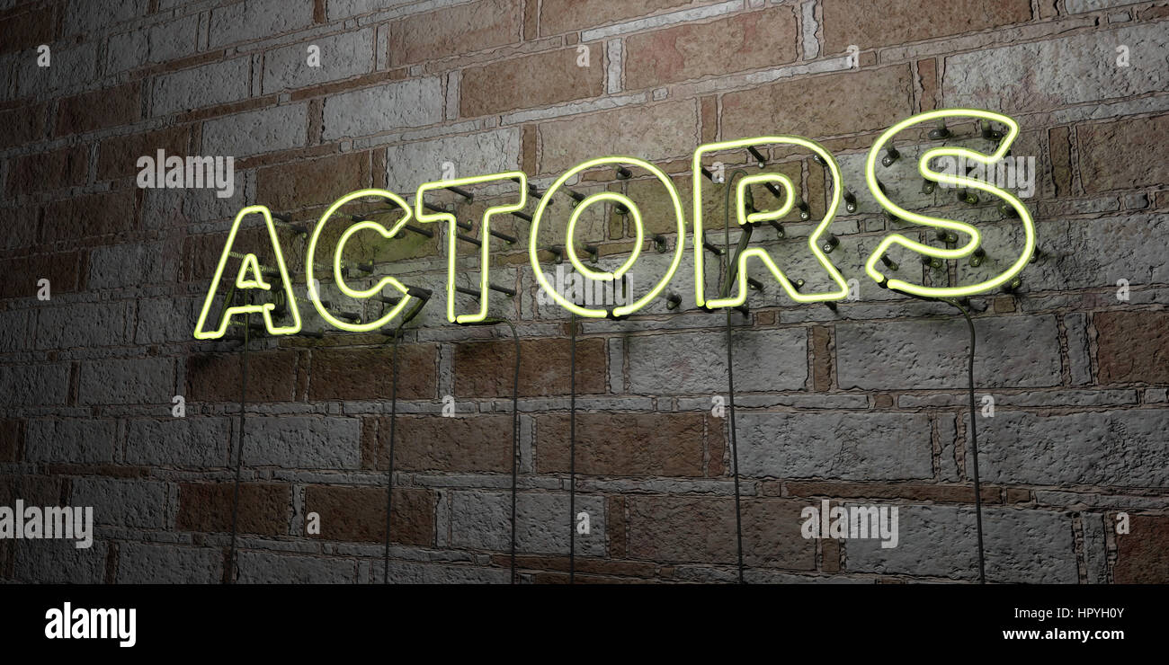 ACTORS - Glowing Neon Sign on stonework wall - 3D rendered royalty free ...