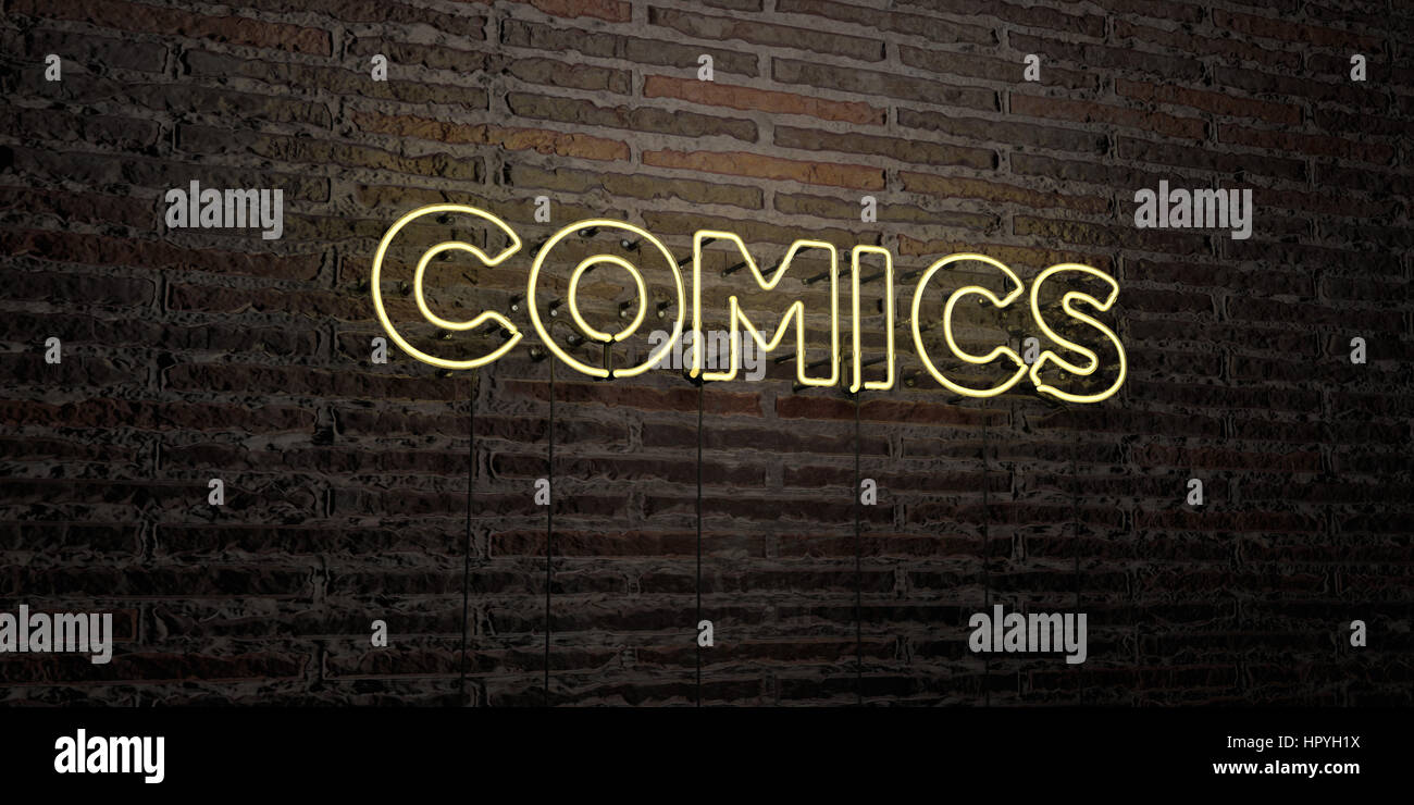 COMICS -Realistic Neon Sign on Brick Wall background - 3D rendered ...