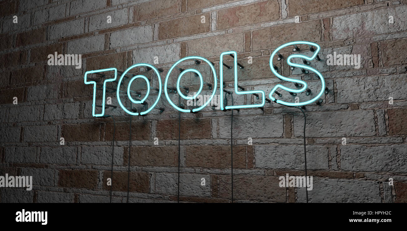 TOOLS - Glowing Neon Sign on stonework wall - 3D rendered royalty free ...