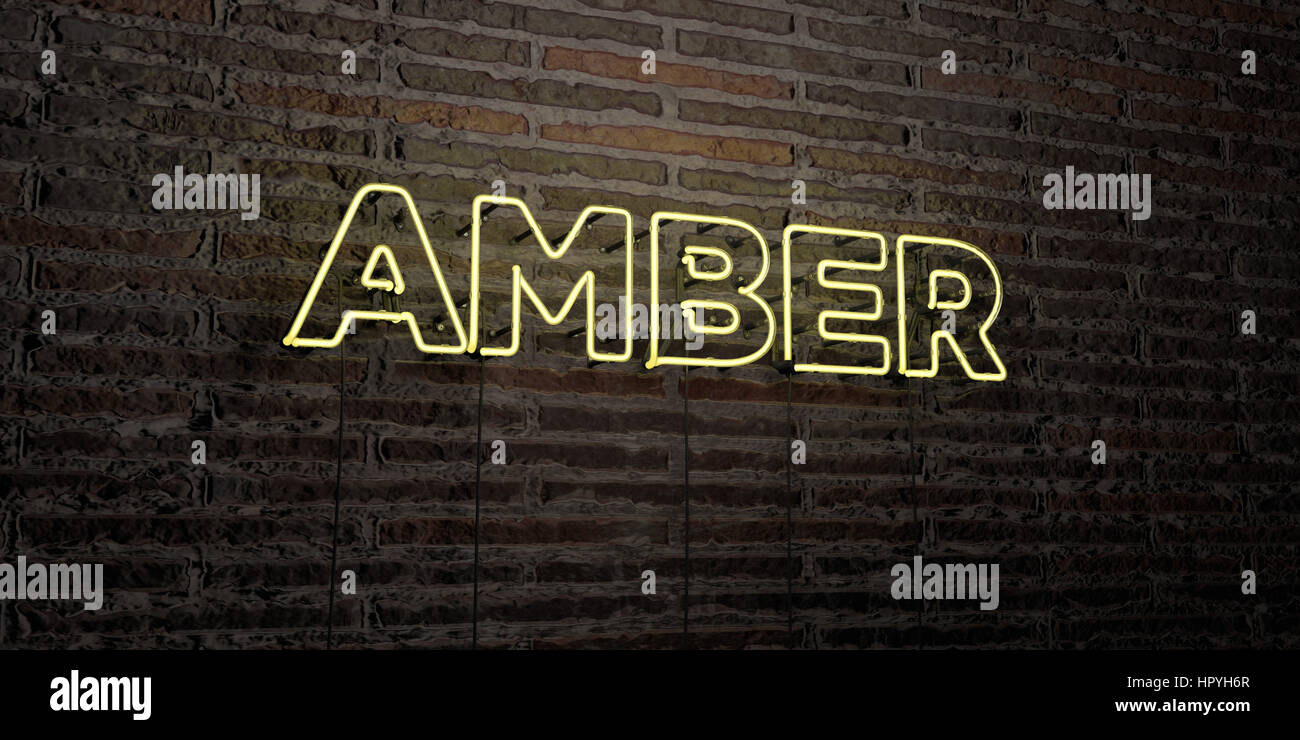 AMBER -Realistic Neon Sign on Brick Wall background - 3D rendered ...