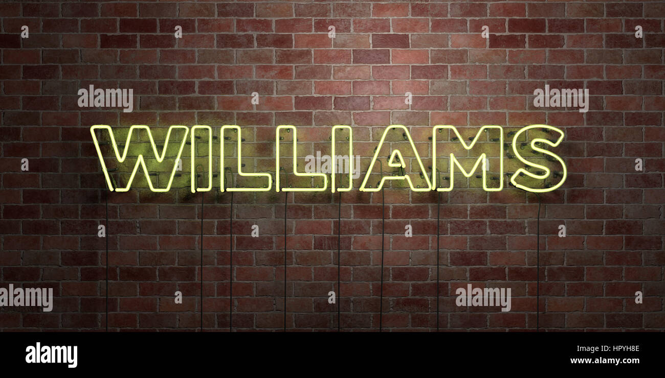 WILLIAMS - fluorescent Neon tube Sign on brickwork - Front view - 3D ...