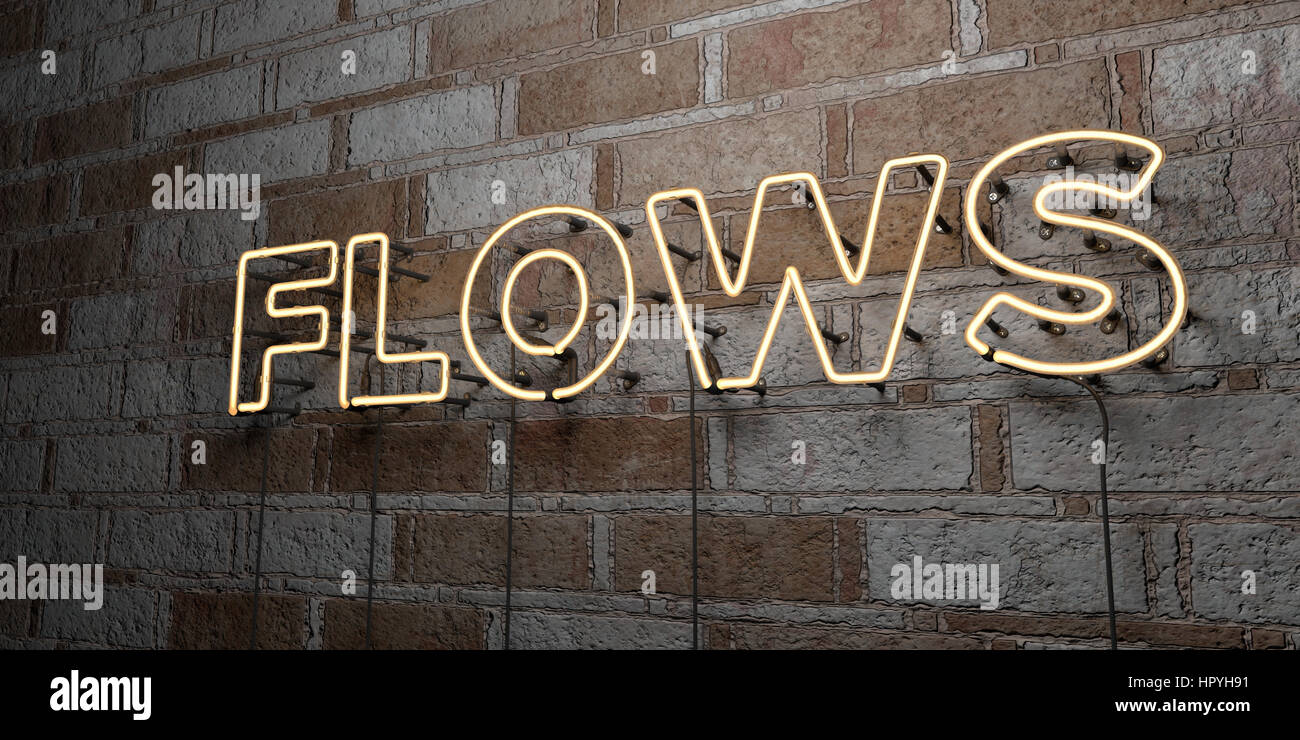 FLOWS - Glowing Neon Sign on stonework wall - 3D rendered royalty free ...