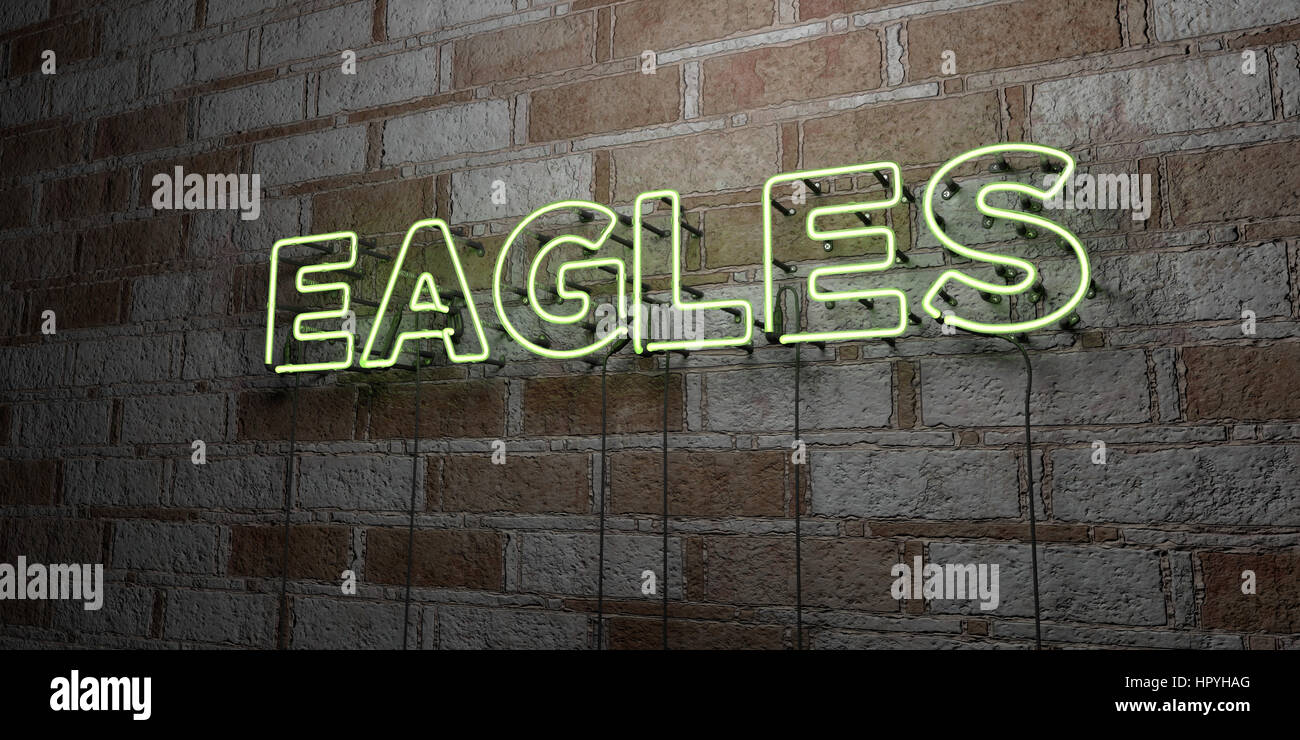 EAGLES - Glowing Neon Sign on stonework wall - 3D rendered royalty free ...