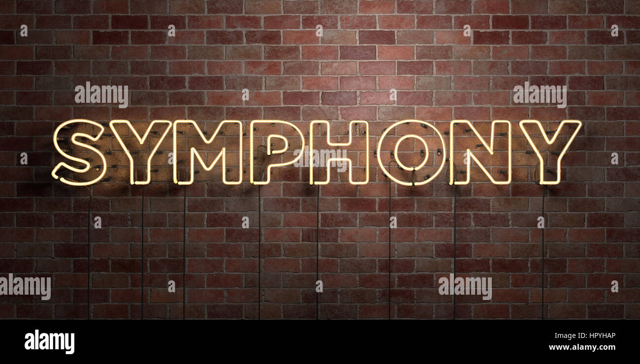 SYMPHONY - fluorescent Neon tube Sign on brickwork - Front view - 3D ...