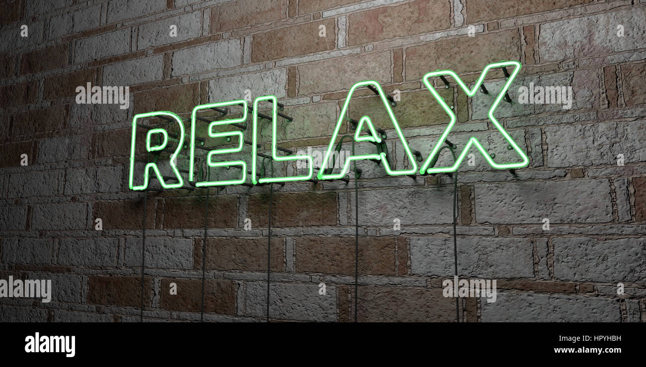 RELAX - Glowing Neon Sign on stonework wall - 3D rendered royalty free ...