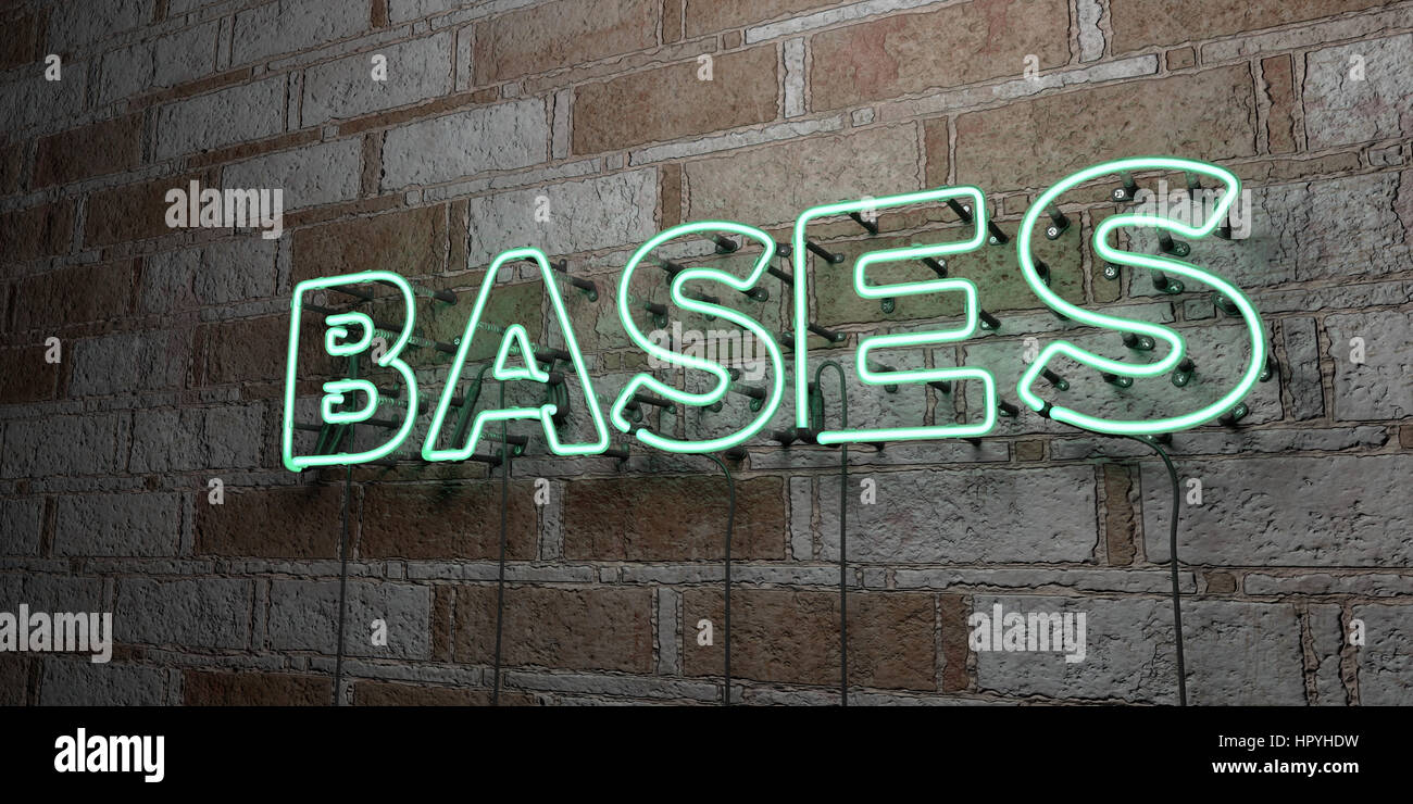 BASES - Glowing Neon Sign on stonework wall - 3D rendered royalty free ...