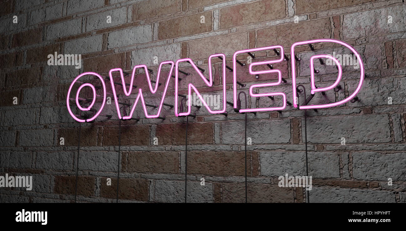 OWNED - Glowing Neon Sign on stonework wall - 3D rendered royalty free ...