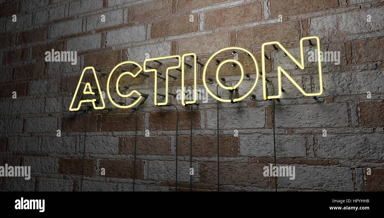 ACTION - Glowing Neon Sign on stonework wall - 3D rendered royalty free ...