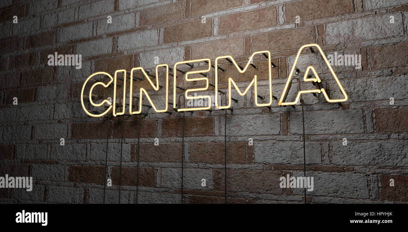 CINEMA - Glowing Neon Sign on stonework wall - 3D rendered royalty free ...