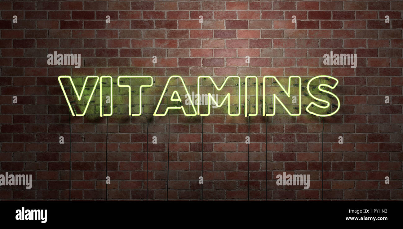 VITAMINS - fluorescent Neon tube Sign on brickwork - Front view - 3D ...