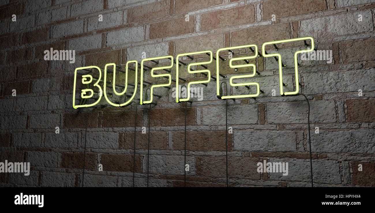 BUFFET - Glowing Neon Sign on stonework wall - 3D rendered royalty free ...