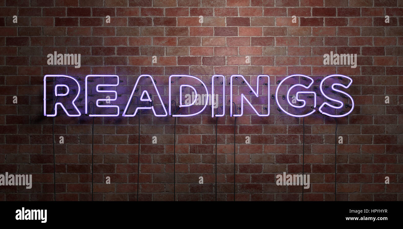 READINGS - fluorescent Neon tube Sign on brickwork - Front view - 3D ...