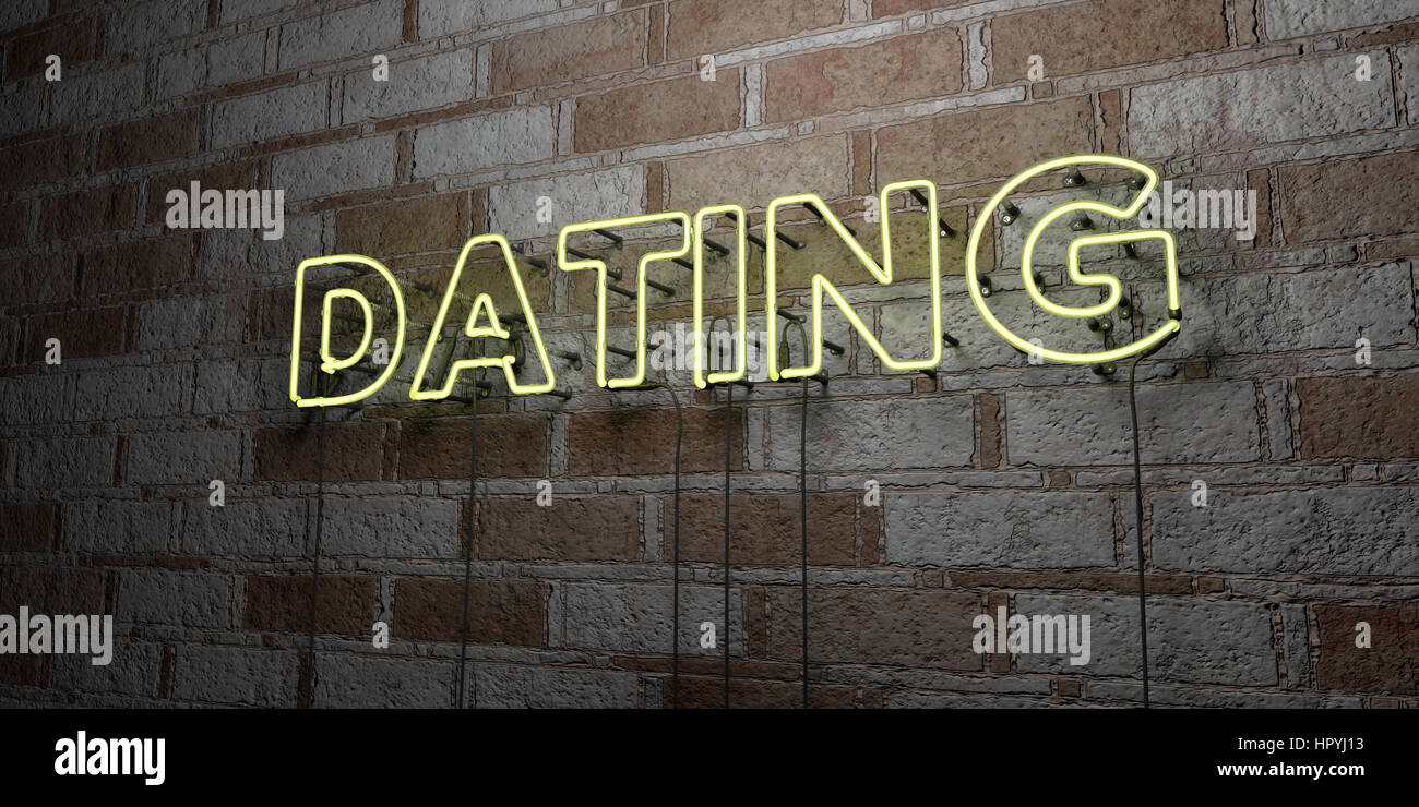 DATING - Glowing Neon Sign on stonework wall - 3D rendered royalty free ...